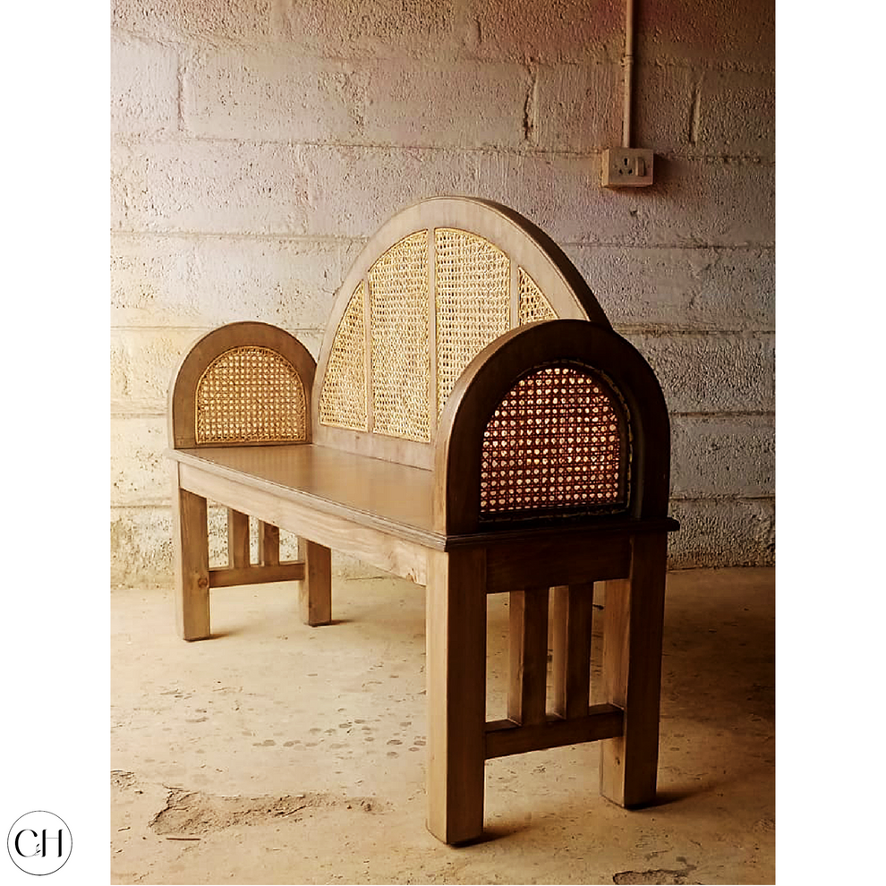 Elenore - Solid Wood Entryway Bench with Rattan Back and Armrest – CustHum